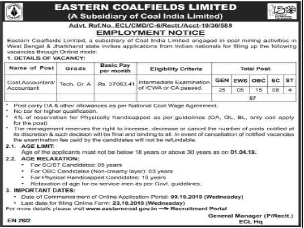 Coal India Limited: Apply Online For 57 Accountants Post In ECL, Earn ...