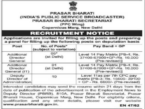 Prasar Bharati Recruitment For 16 DDA And ADG Posts, Apply Offline ...